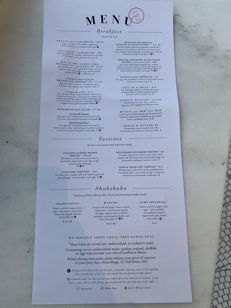 Carta de Tatte Bakery & Cafe Bethesda, Bethesda