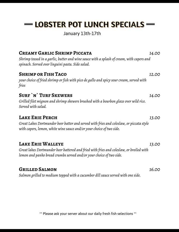 Menu at The Lobster Pot restaurant, Willoughby Hills