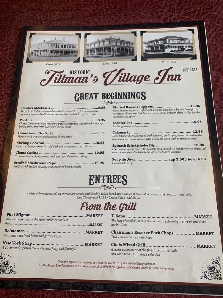Menu at Tillmans Village Inn restaurant, Albion