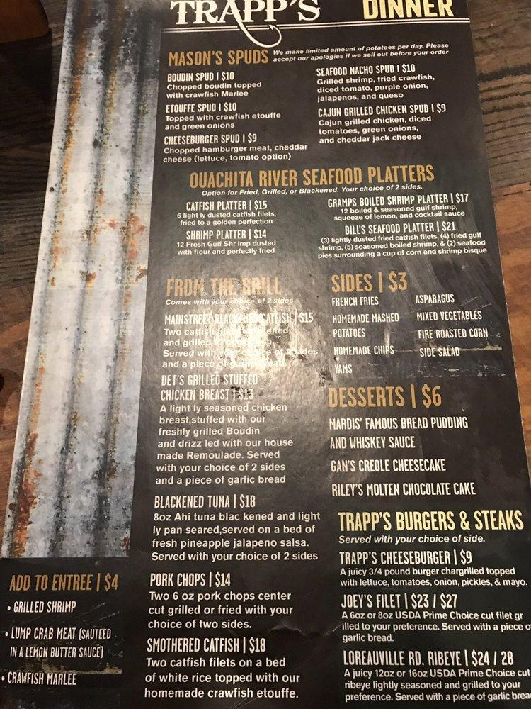 Menu at Trapp's restaurant, West Monroe