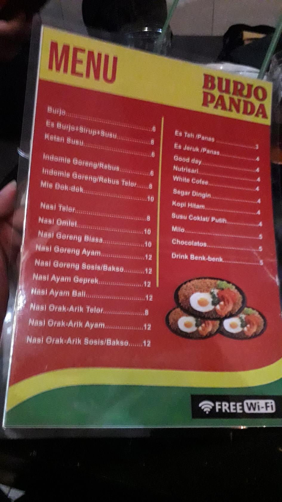 Menu at Burjo Panda restaurant, Semarang
