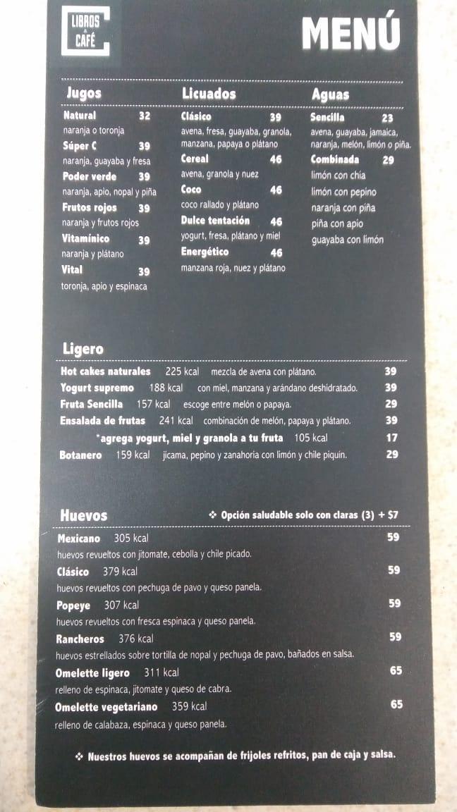 Menu at C Libros y Cafe, Ciudad López Mateos