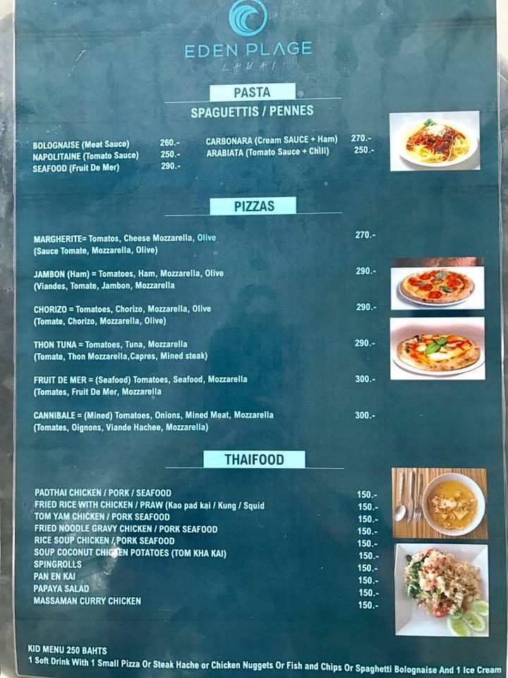 Menu at Eden Plage pub & bar, Ko Samui