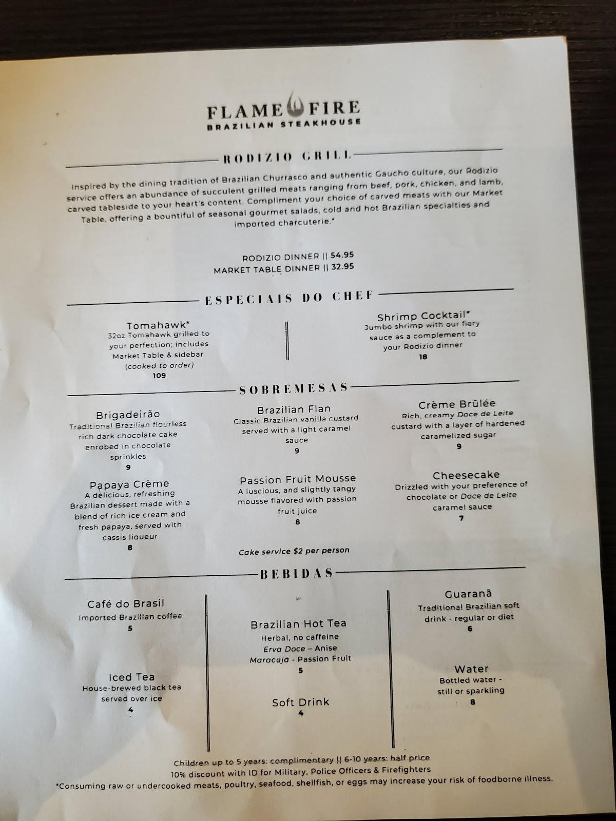 Carta de Flame & Fire Brazilian Steakhouse, Bakersfield