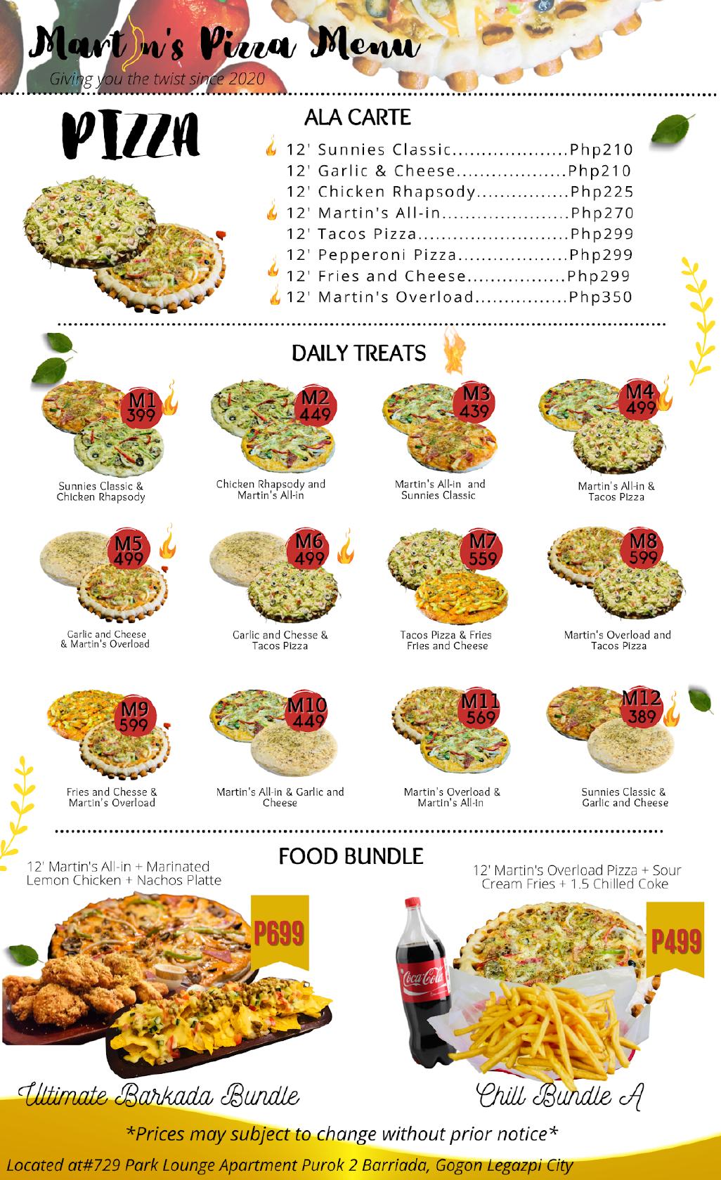 Menu at Martin's Pizza restaurant, Legazpi City