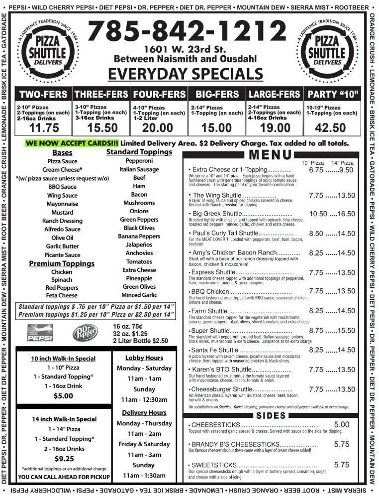Menu at Pizza Shuttle pizzeria, Lawrence, 711 W 23rd St #19