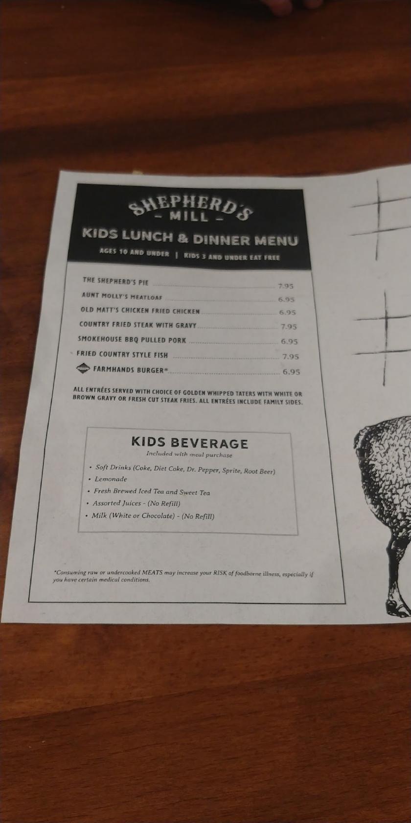 Menu at Shepherd’s Mill Restaurant, Branson