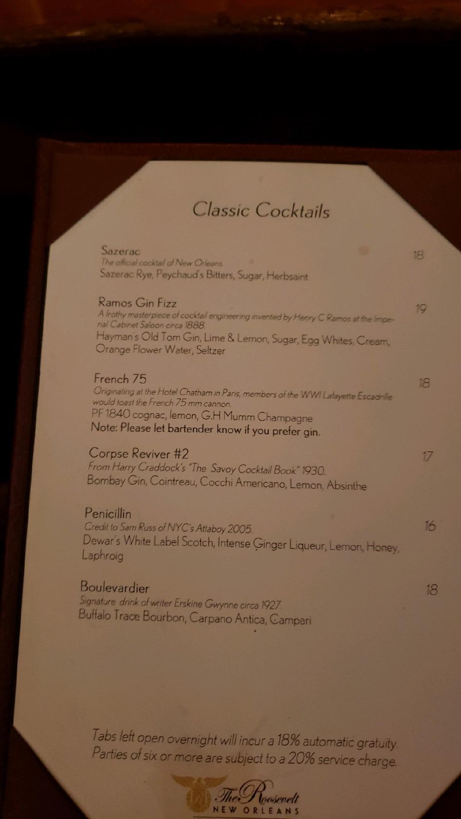 Menu at The Sazerac Bar, New Orleans
