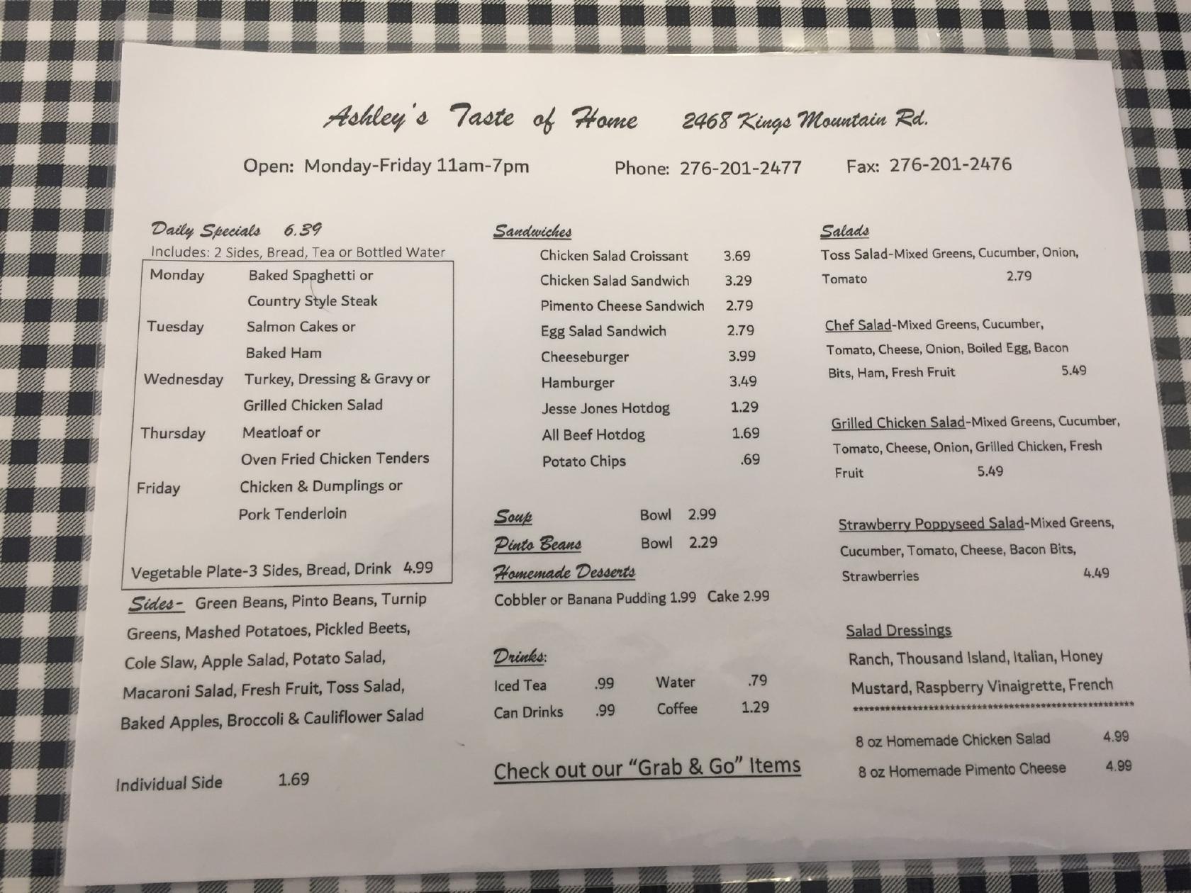 Menu at Ashley's Taste of Home pub & bar, Martinsville