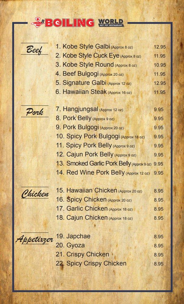 Menu at Boiling World restaurant, Ontario