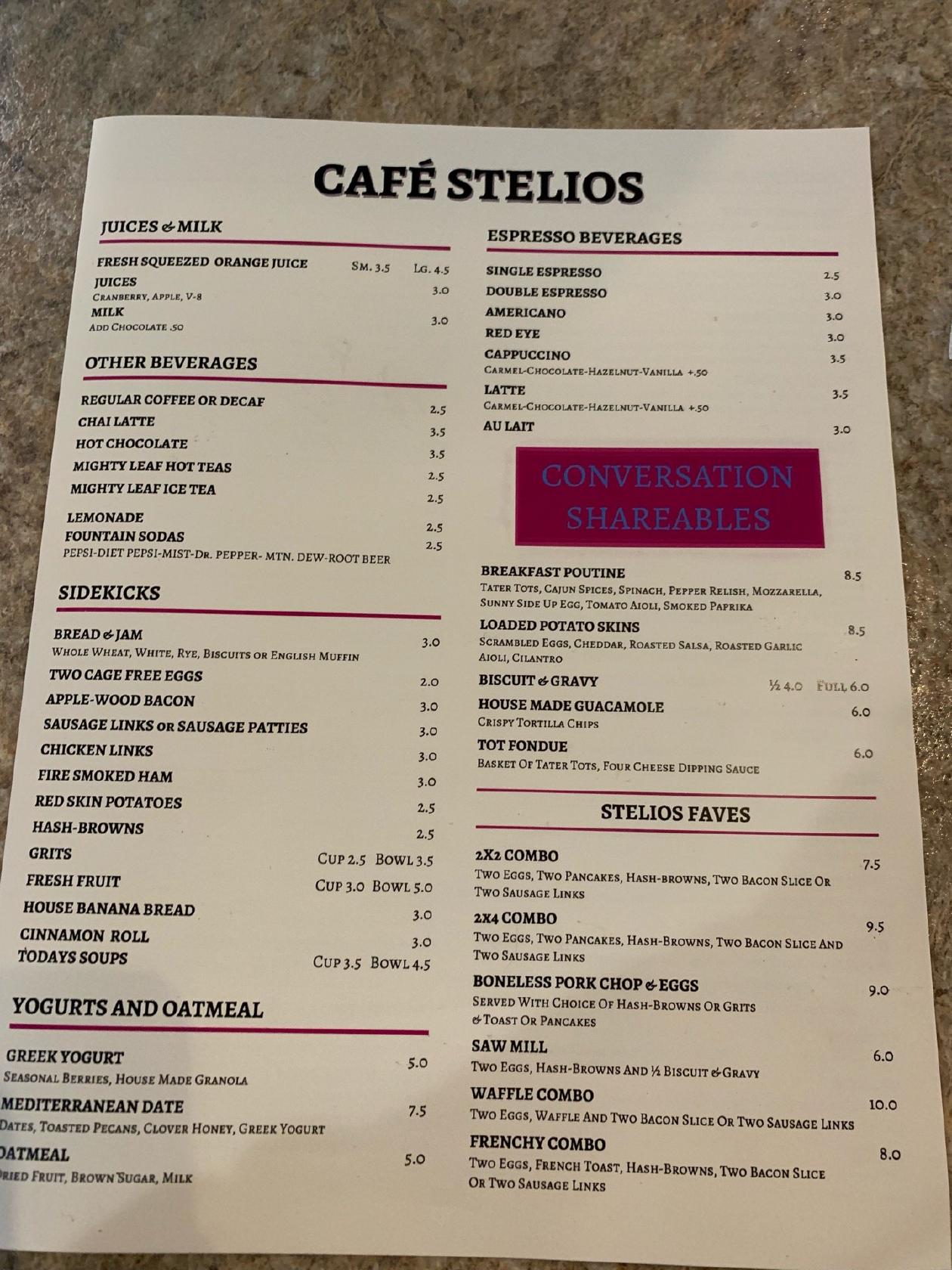 Menu at Cafe Stelios Breakfast Restaurant, Merrillville