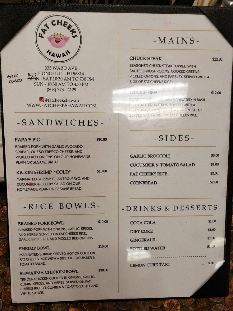 Menu at Fat Cheeks restaurant, Honolulu