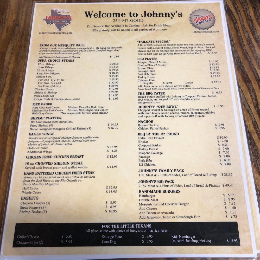 Menu at Johnny's Steaks & Bar-Be-Que, Salado