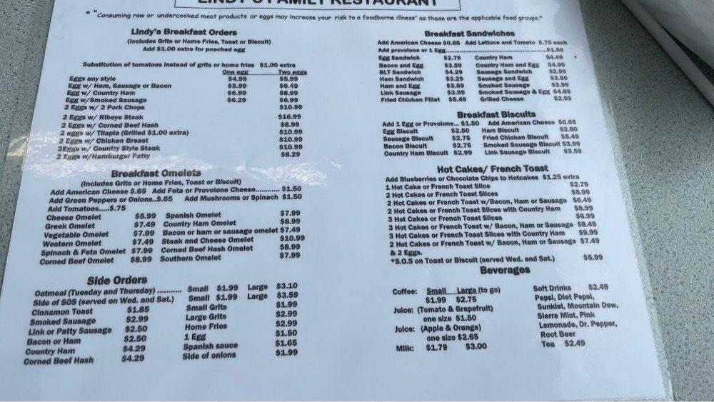 Menu at Lindy's Restaurant, Fayetteville
