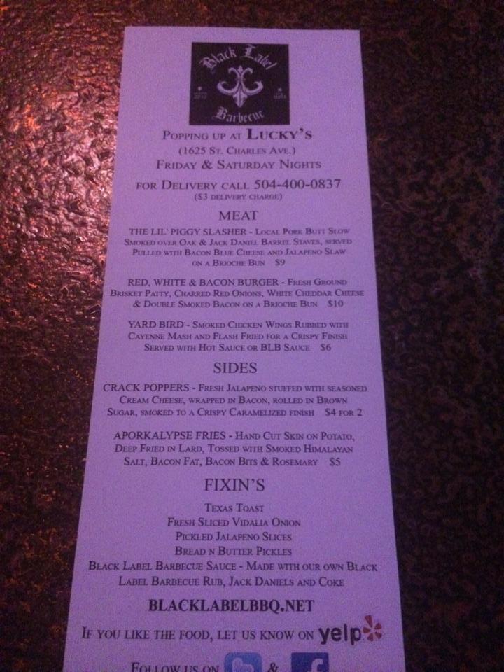 Menu at Lucky's Bar, New Orleans