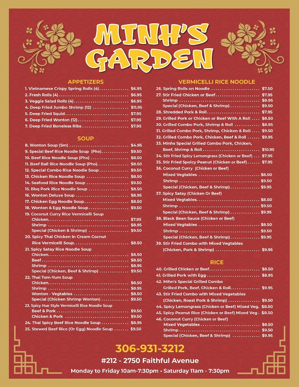 Menu at Minh's Garden restaurant, Saskatoon