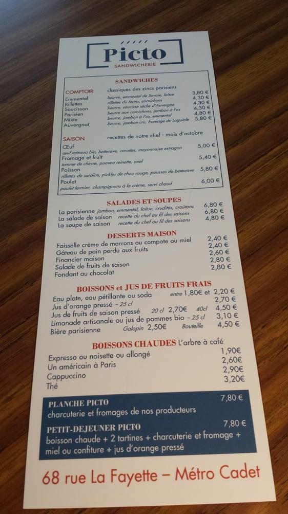 Carta del pub y bar Picto, Paris, 159 Rue Montmartre