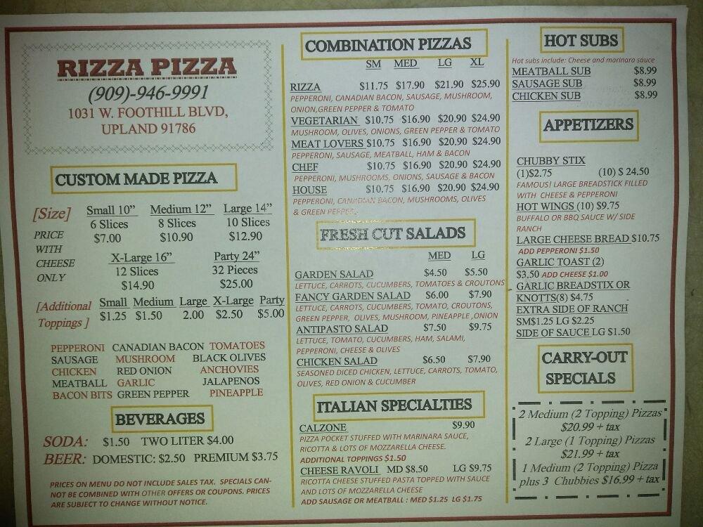 Menu at RIZZA PIZZA pizzeria, Upland