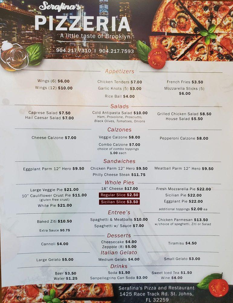 Menu at Serafina's Pizzeria, Fruit Cove