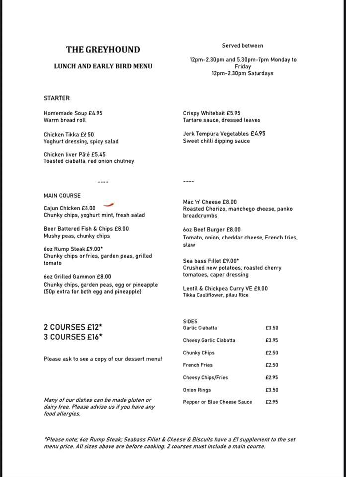 Menu at The Greyhound Inn pub & bar, Wolverhampton, The Greyhound