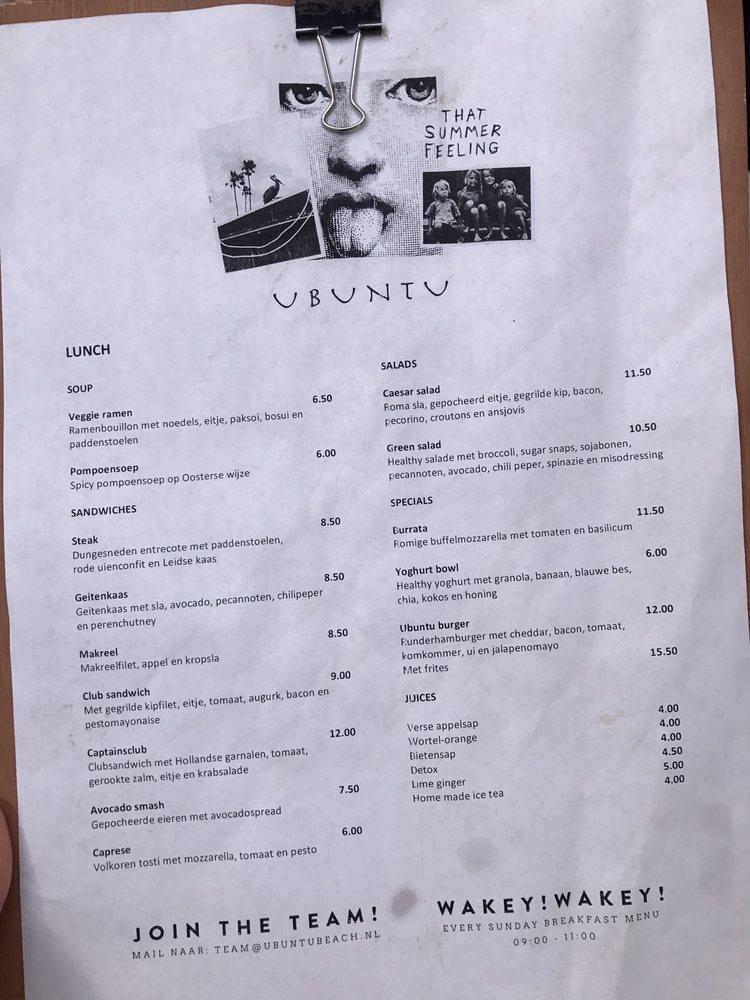 Menu at Ubuntu Strandbar, Zandvoort