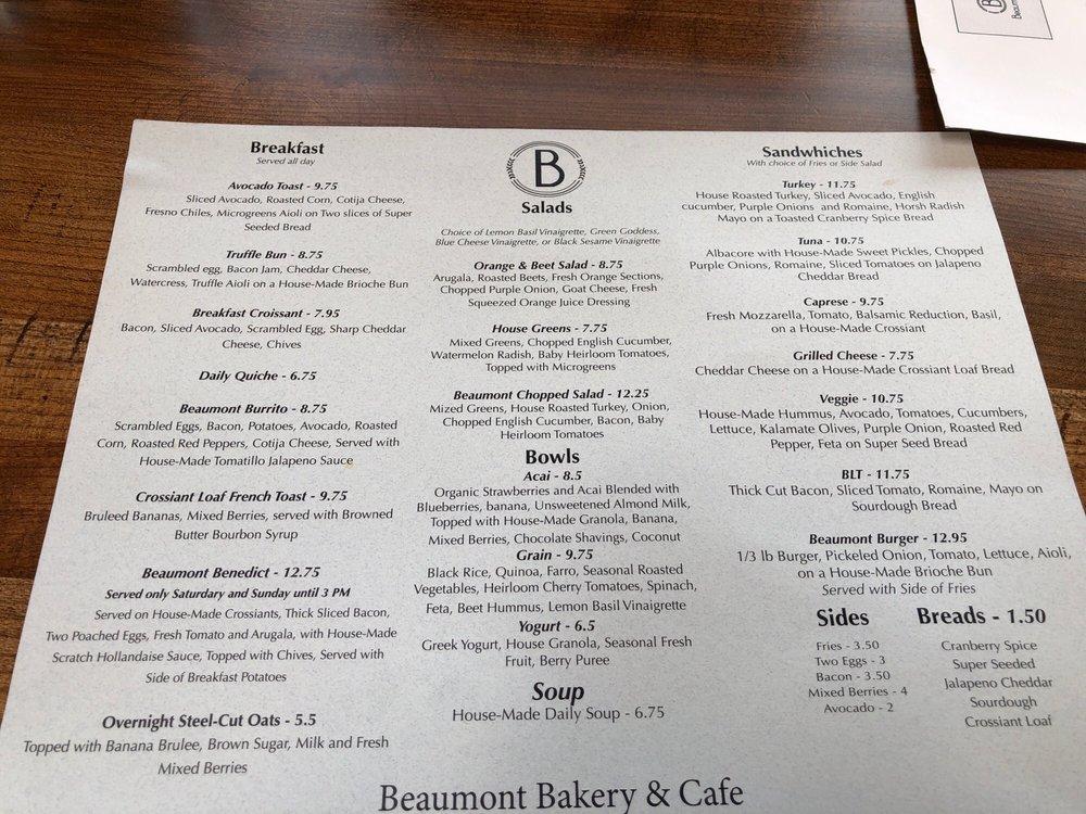 Menu at Beaumont Bakery & Cafe, Salt Lake City