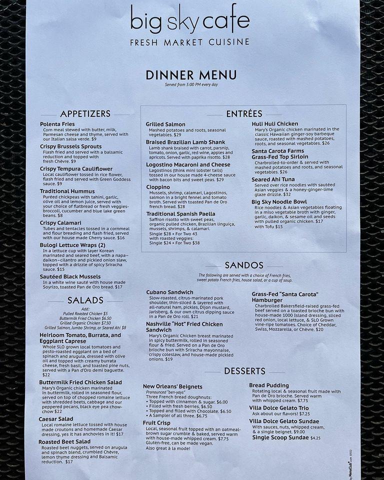 Menu at Big Sky Cafe, San Luis Obispo