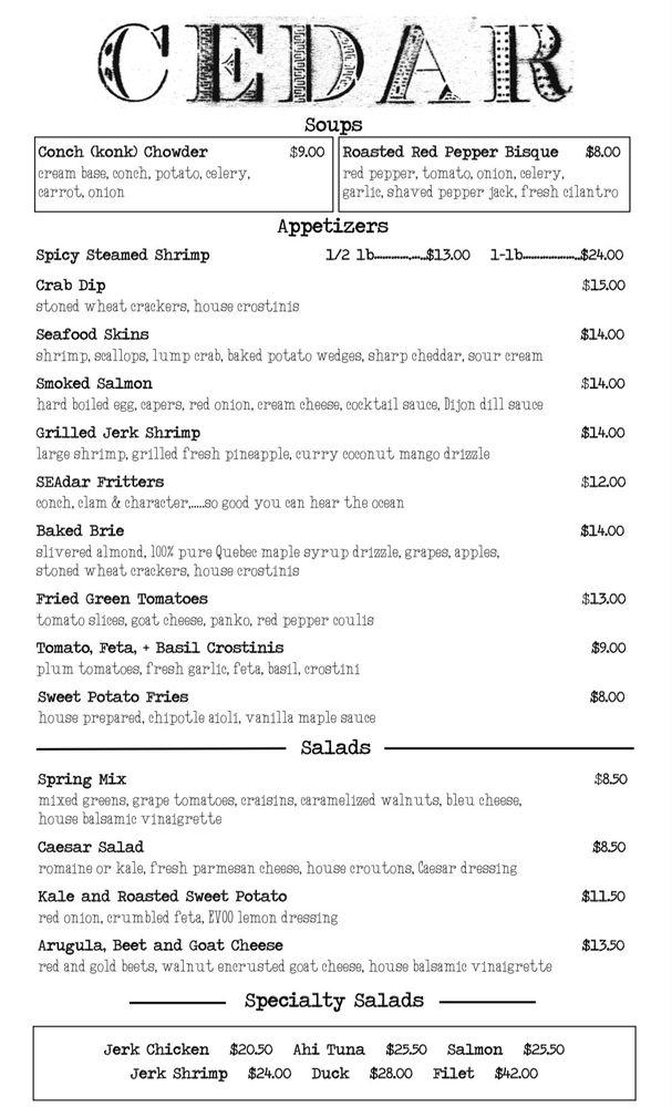 Menu at CEDAR land + sea kitchen restaurant, Ocean View