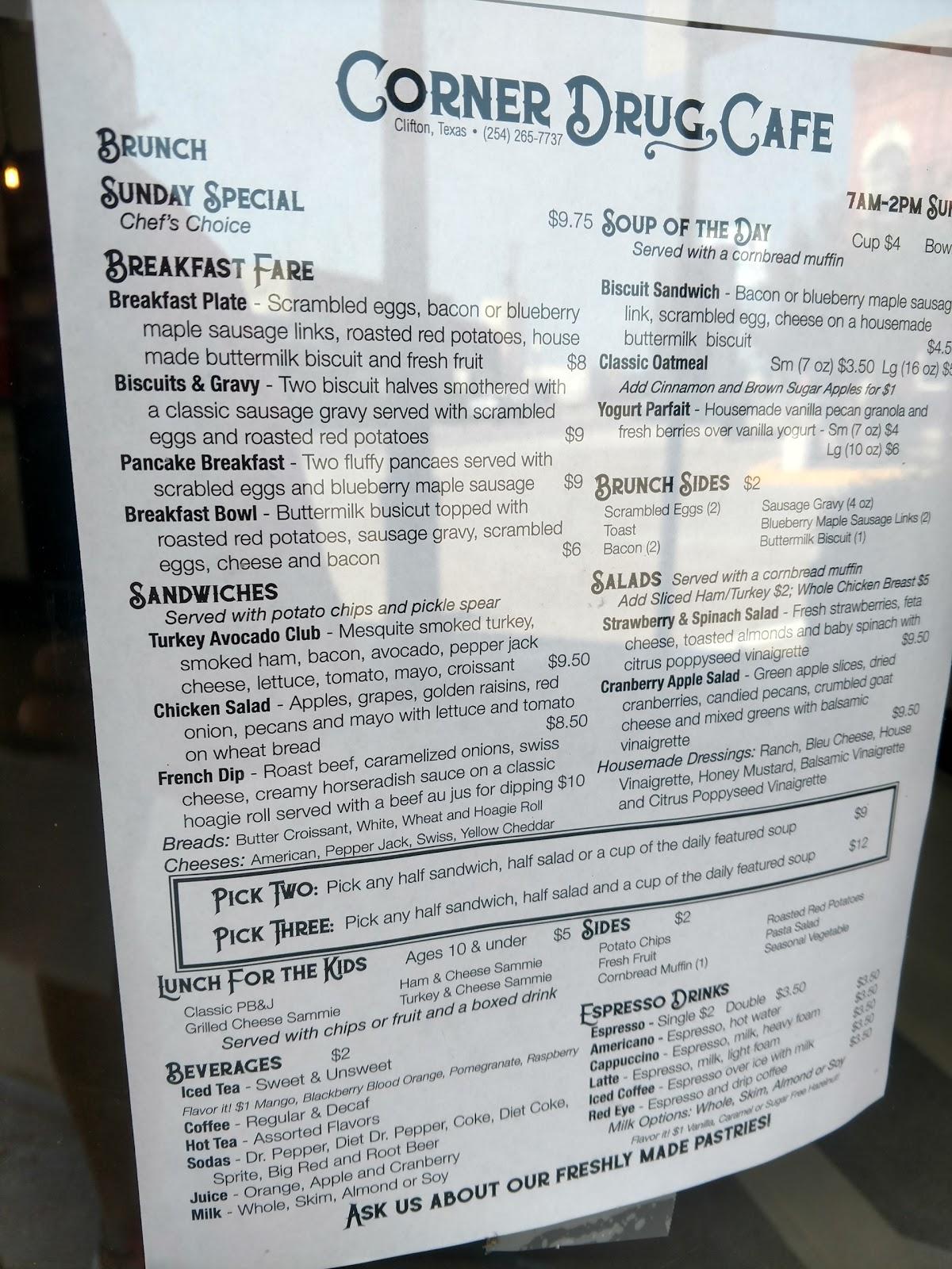 Menu at Corner Drug Cafe, Clifton