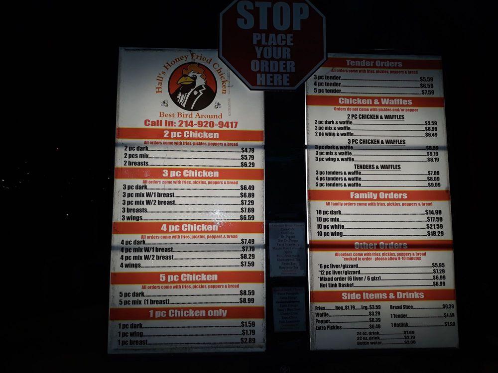Menu at Hall's Honey-Fried Chicken restaurant, Dallas, Medical District Dr