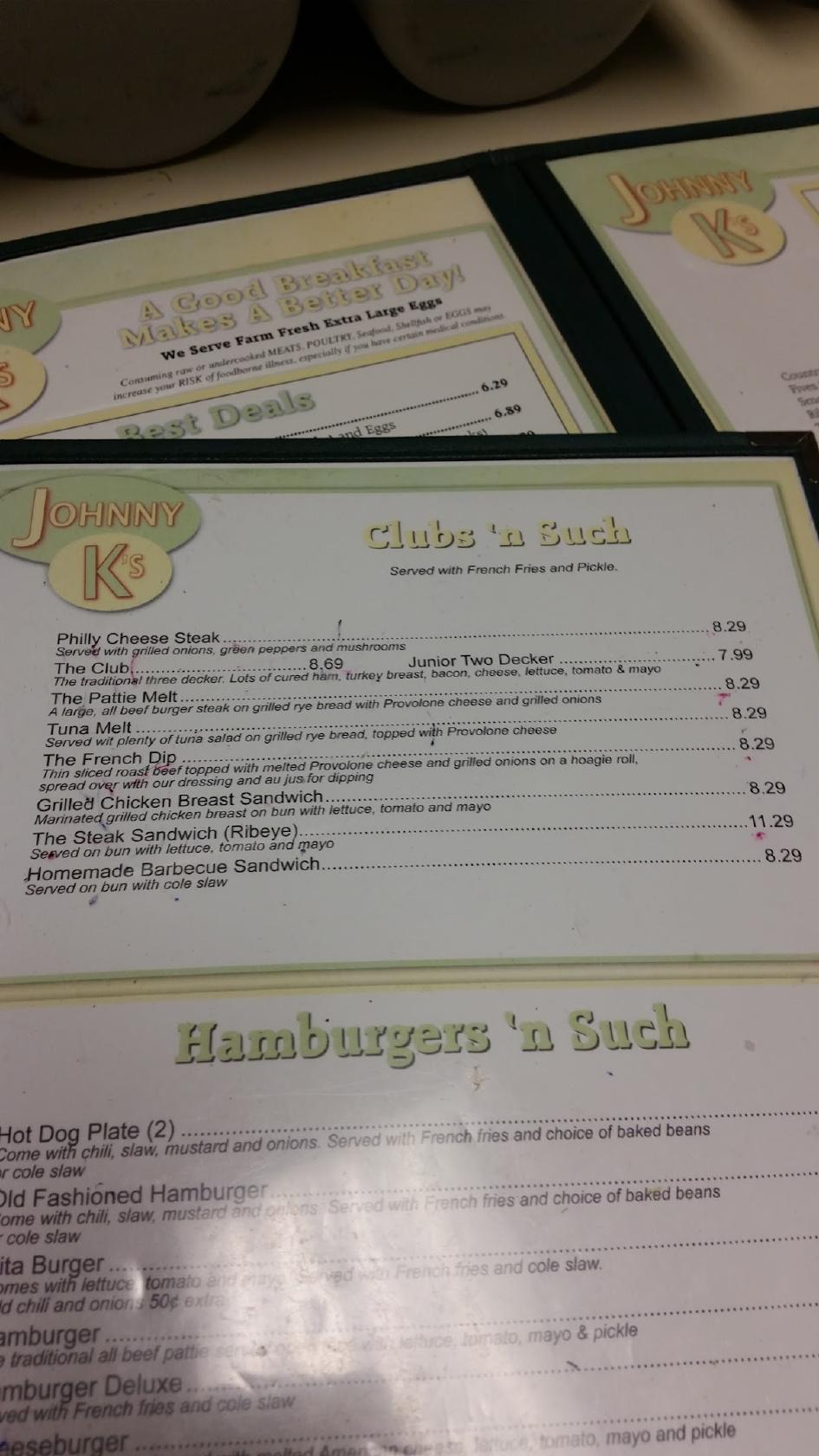 Menu at Johnny K's Restaurant, Indian Trail