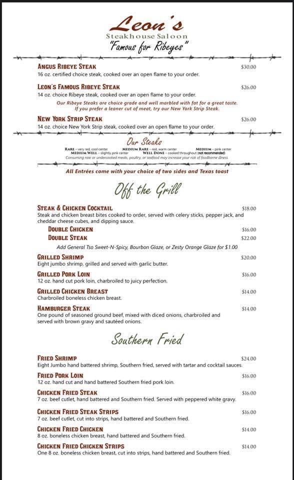 Menu at Leon's Steakhouse Saloon, Longview