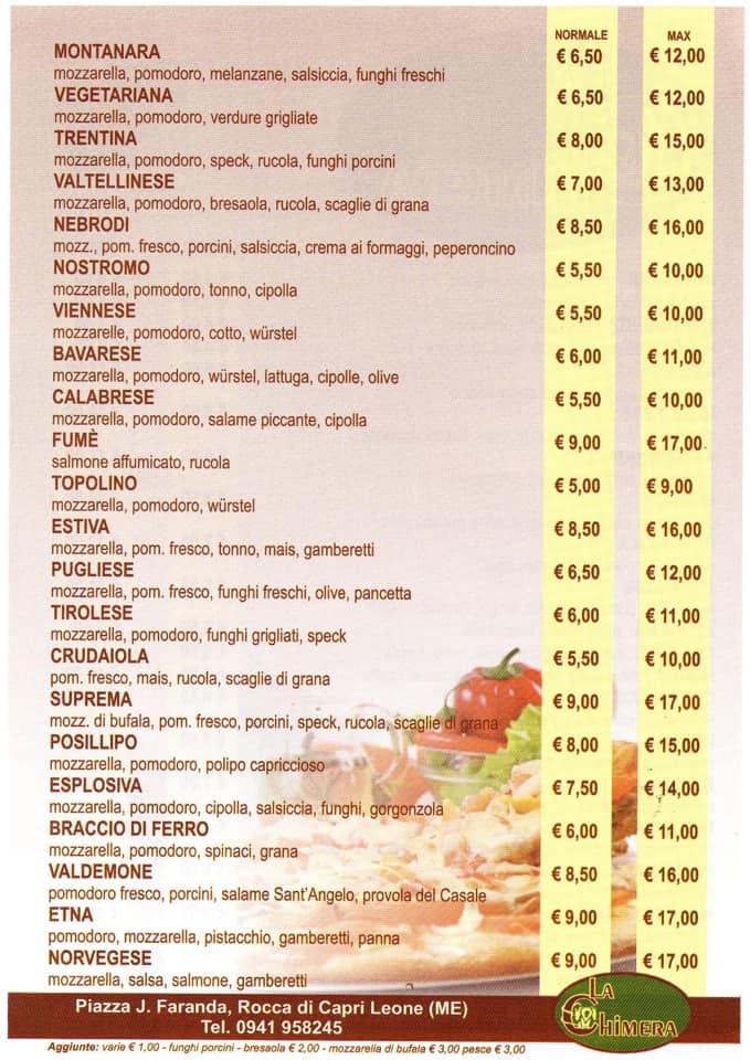 Menu da Ristorante Pizzeria La Chimera, Capri Leone