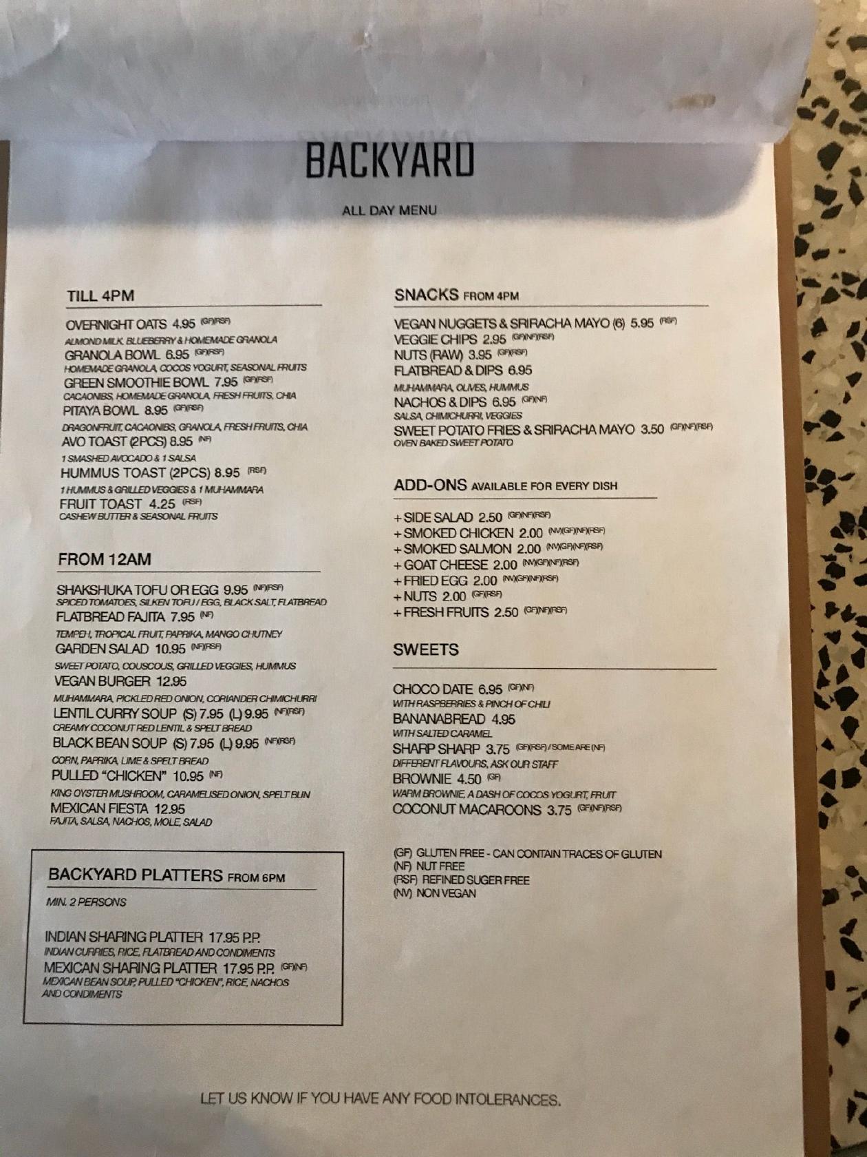 Speisekarte von BACKYARD, Rotterdam