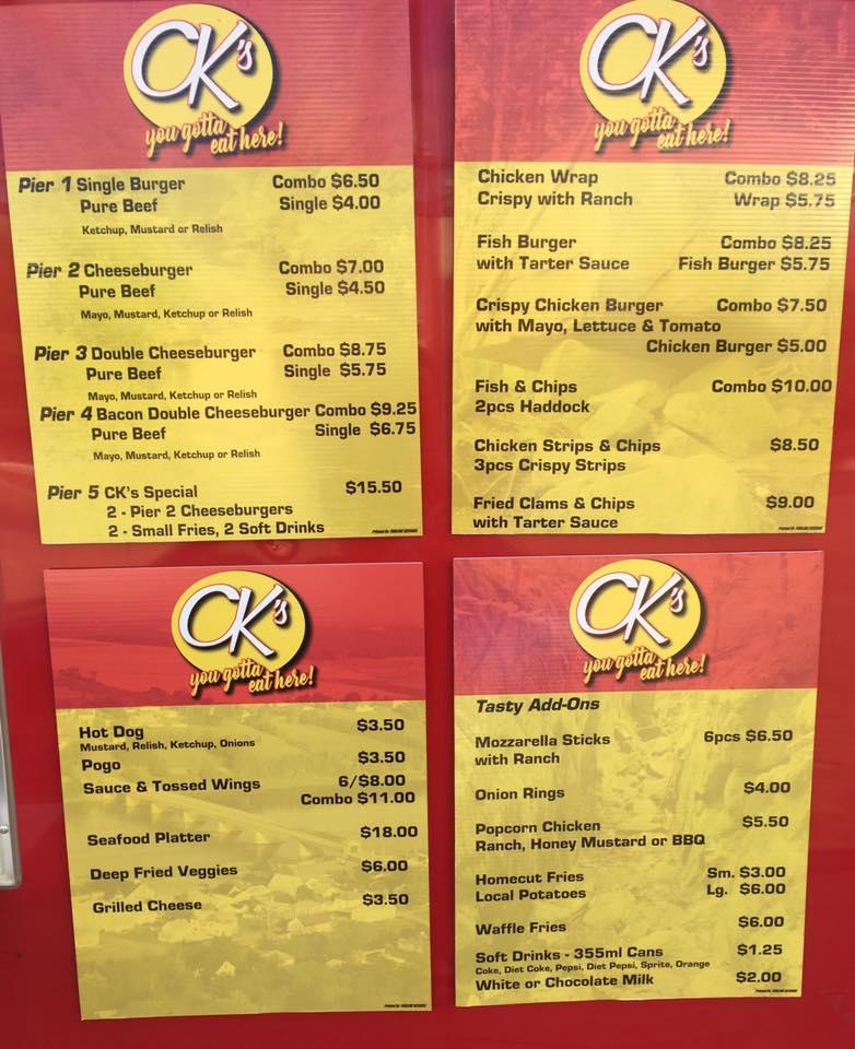 Menu at CK's Canteen cafeteria, Hartland