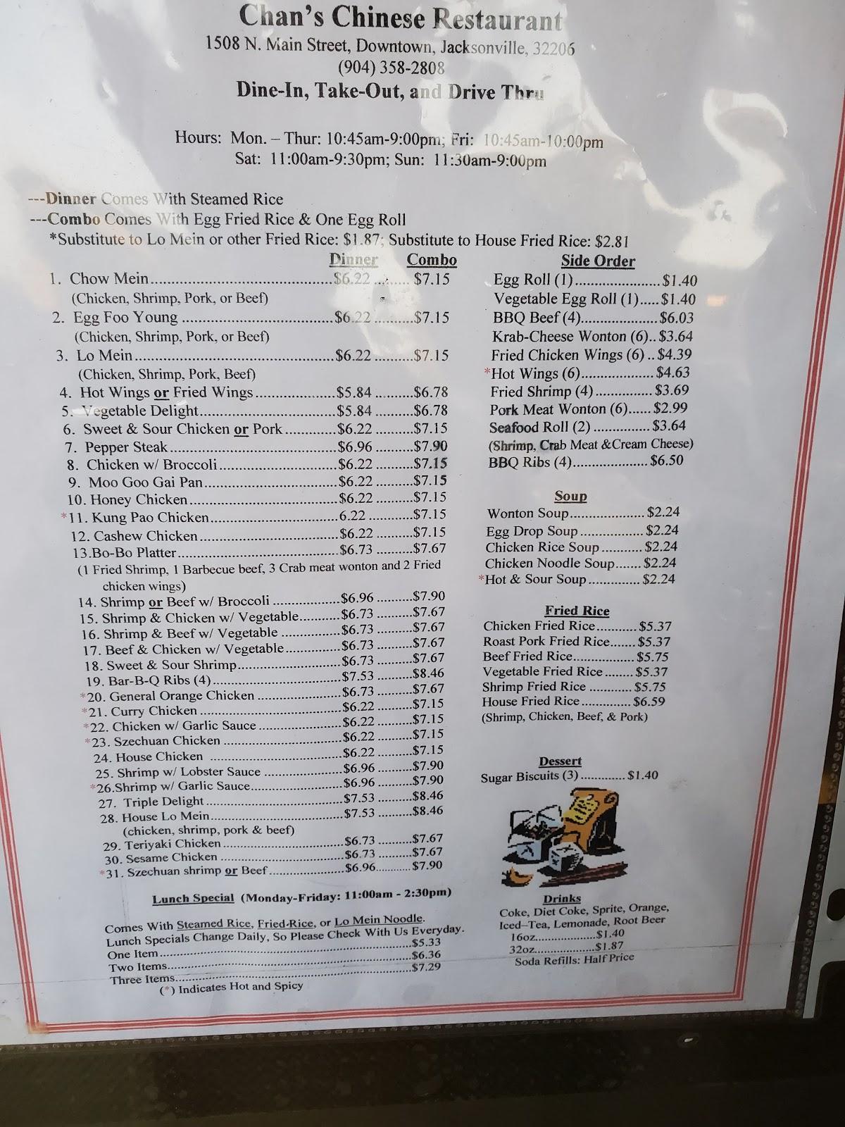 Menu at Chans Chinese Food restaurant, Jacksonville, N Main St