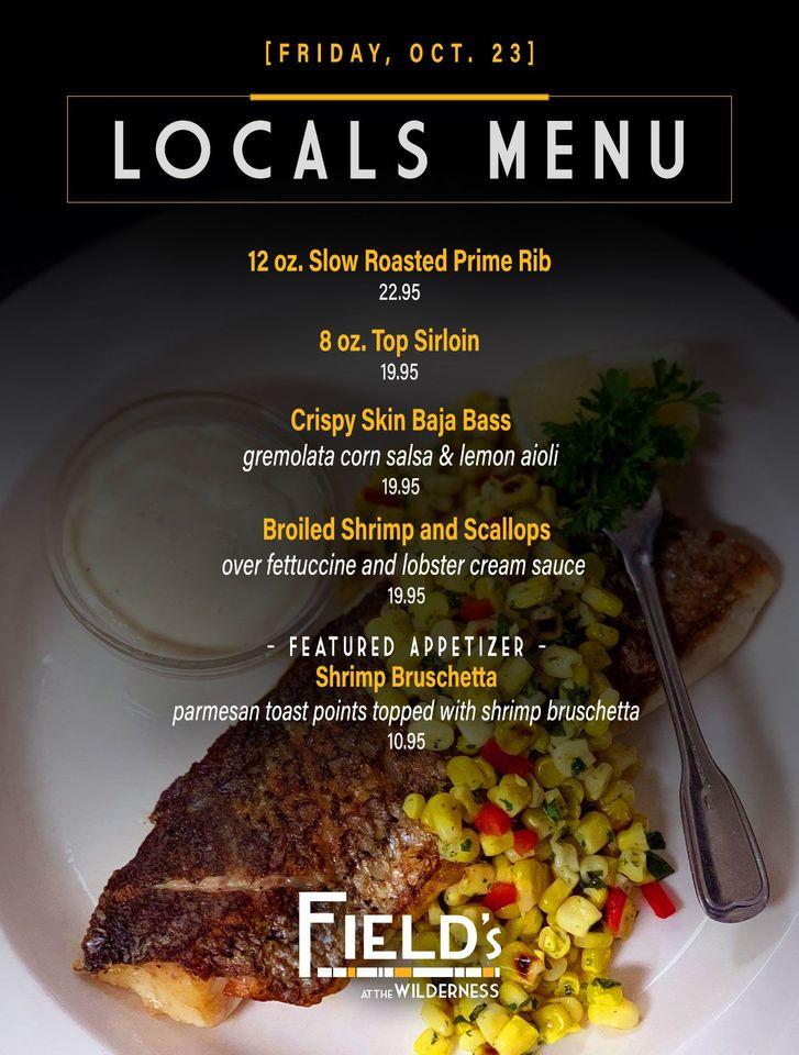 Menu at Field's at the Wilderness steakhouse, Wisconsin Dells