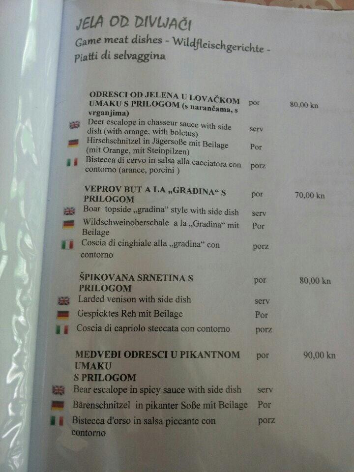 Menu da Restoran Gradina ristorante, Josipdol