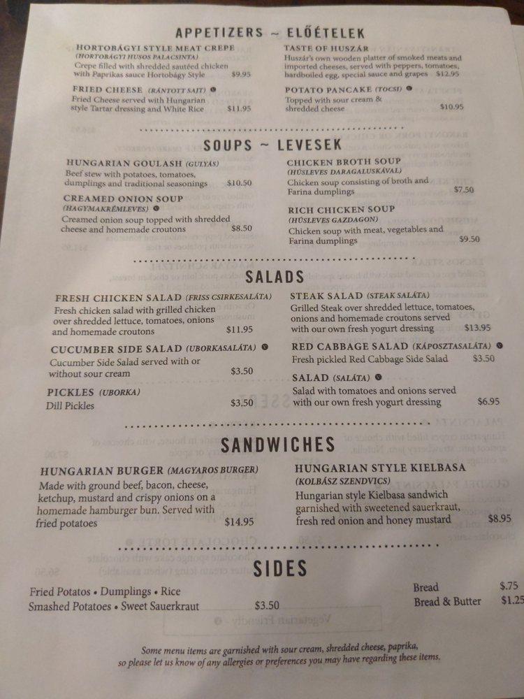 Menu at Huszar pub & bar, Pittsburgh