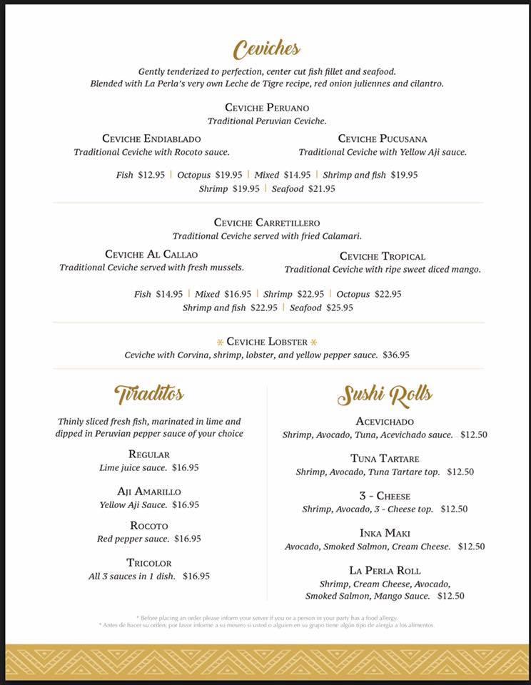 Menu at La Perla Ceviches & Rolls restaurant, Weston