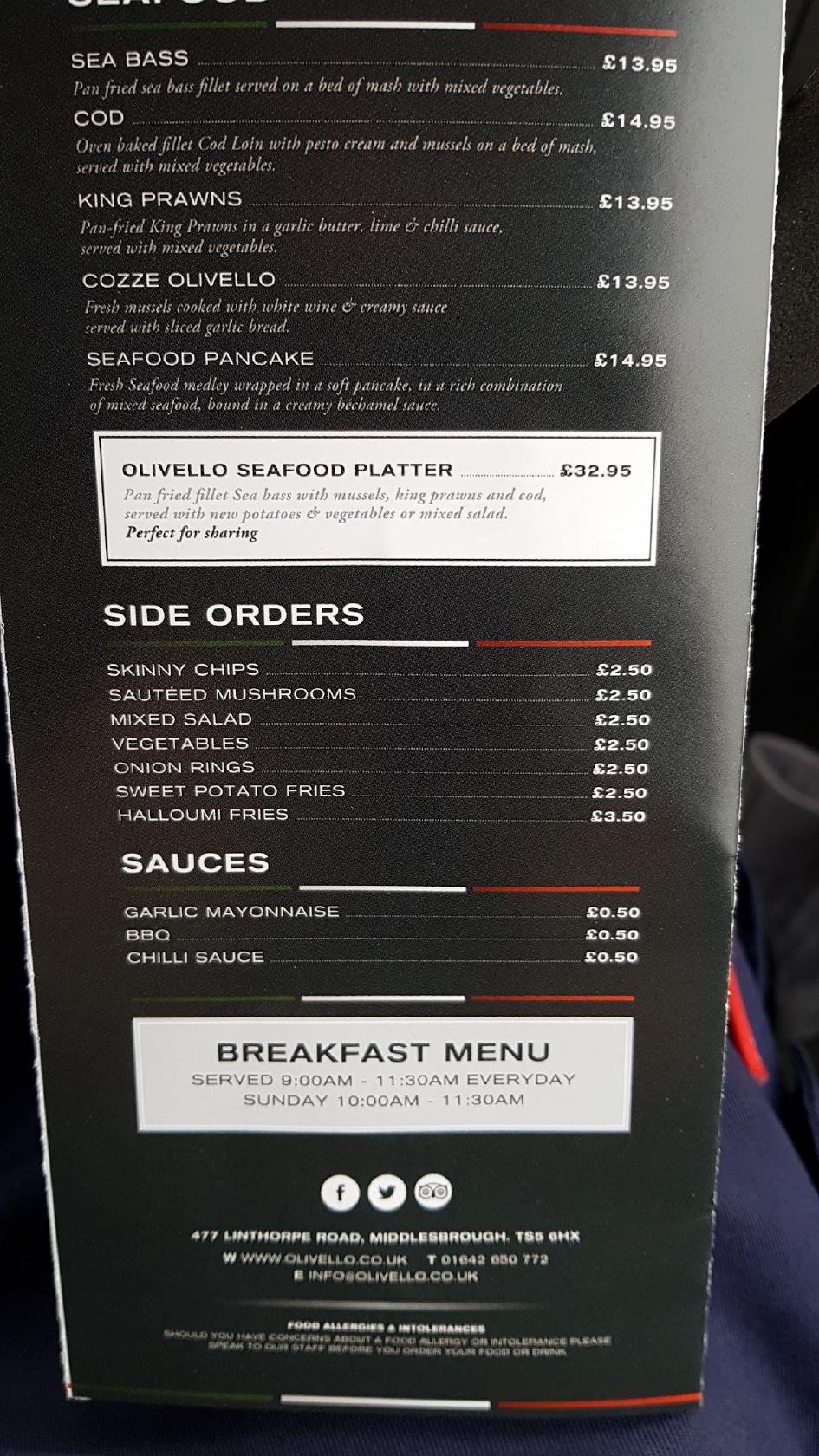 Menu at Olivello pub & bar, Middlesbrough