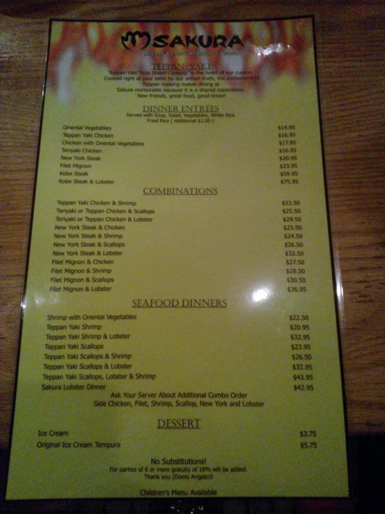 Menu at Sakura Teppan Steak & Sushi restaurant, Tucson