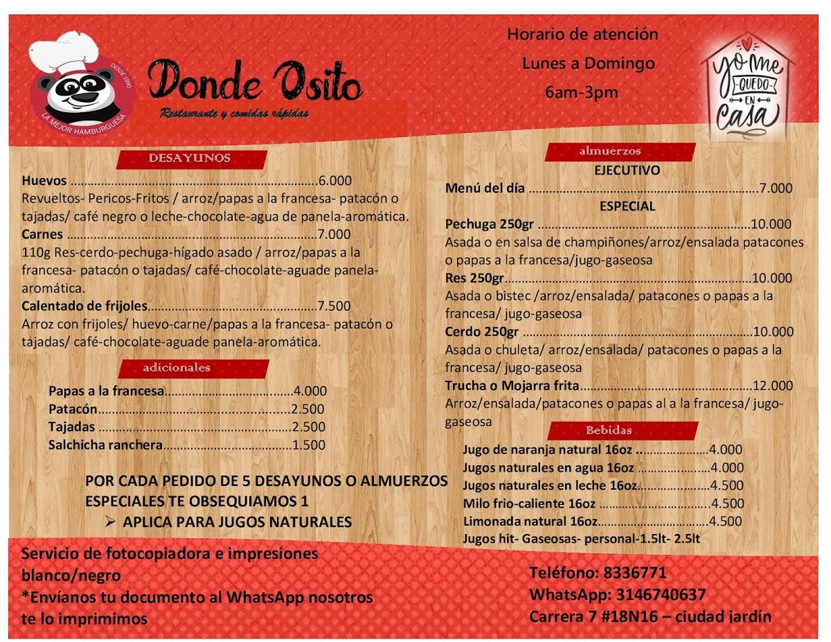 Menu at Donde Osito restaurante y Comidas Rapidas, Popayán