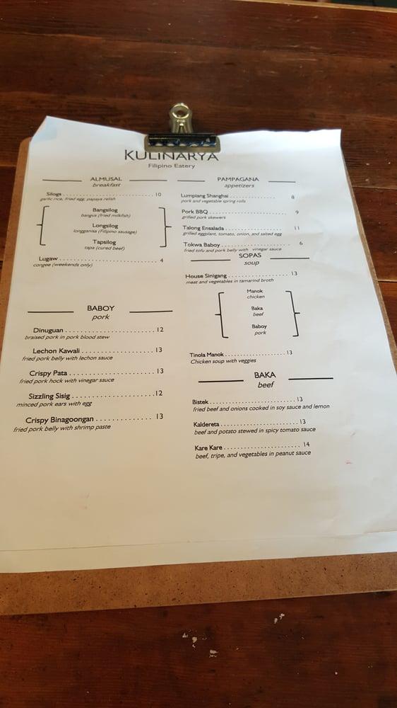 Menu at Kulinarya Filipino Eatery restaurant, Coquitlam