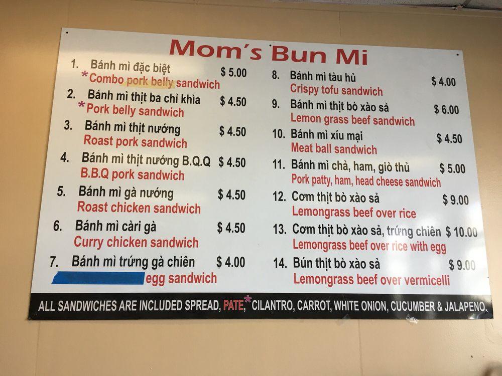 Menu at Mom's Bun Mi restaurant, Oakland