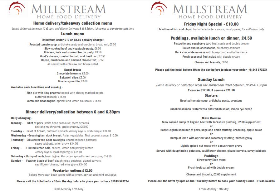 Menu at The Millstream Hotel & Sea School Restaurant, Chichester
