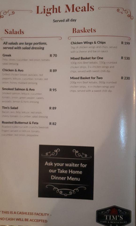 Menu at Tim’s Cafe, Benoni