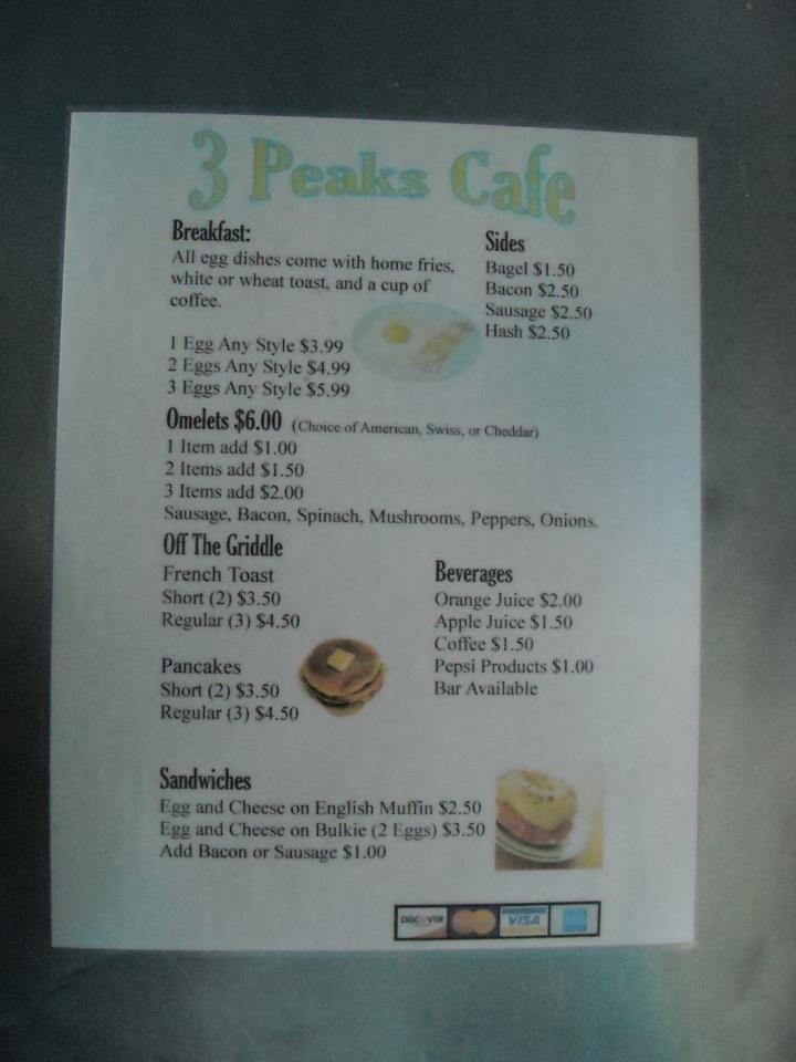 Menu at 3 Peaks Cafe, Old Orchard Beach