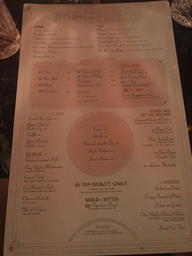 Menu at Born and Raised steakhouse, San Diego, India St