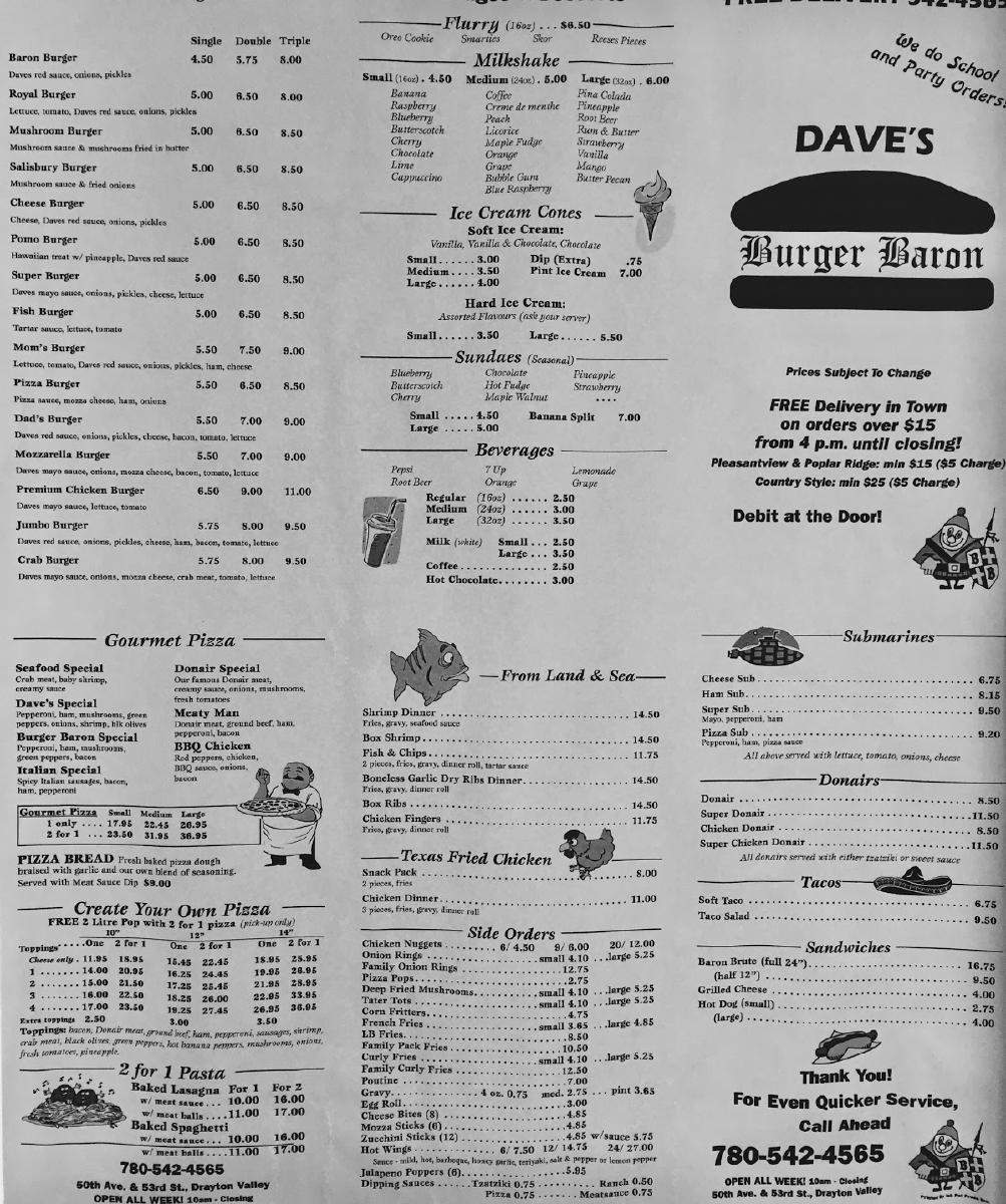 Menu at Burger Baron, Drayton Valley